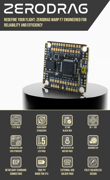 Zerodrag Warp F7 Flight Controller – Fully Solder-Less Design with 12-