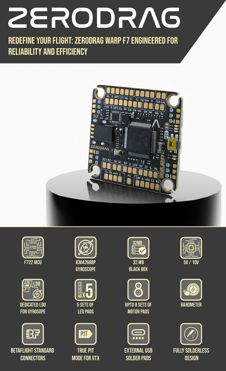 Zerodrag Warp F7 Flight Controller – Fully Solder-Less Design with 12-